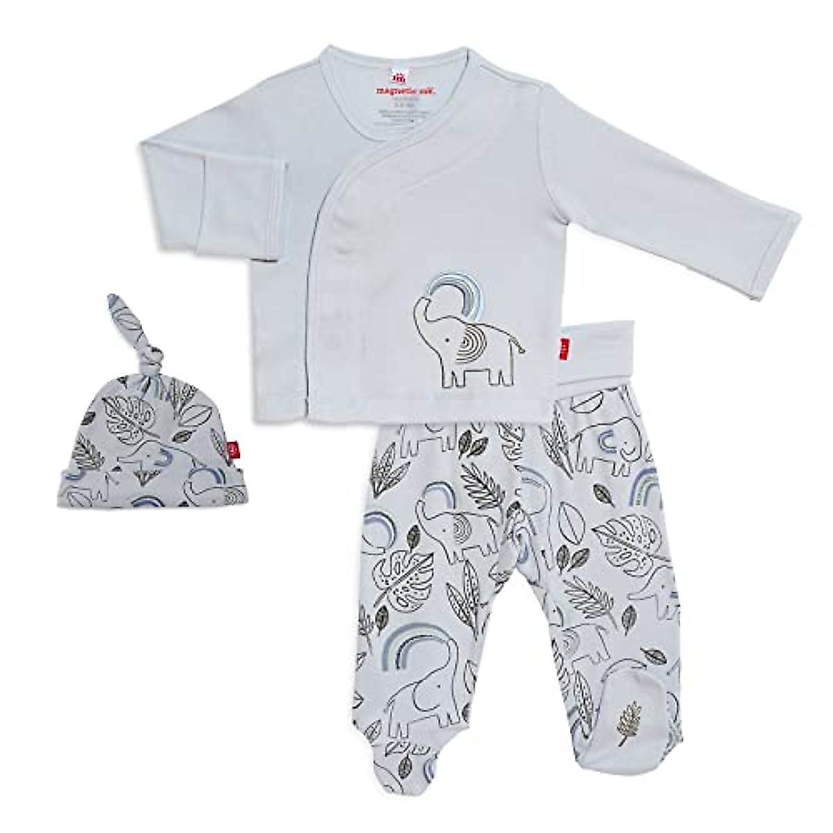 Magnetic Me 100% Organic Cotton Magnetic Kimono Baby Clothing Outfit 3-Piece Set Shirt, Footed Pants, Hat Ellie Go Lucky Blue 0-3 Months