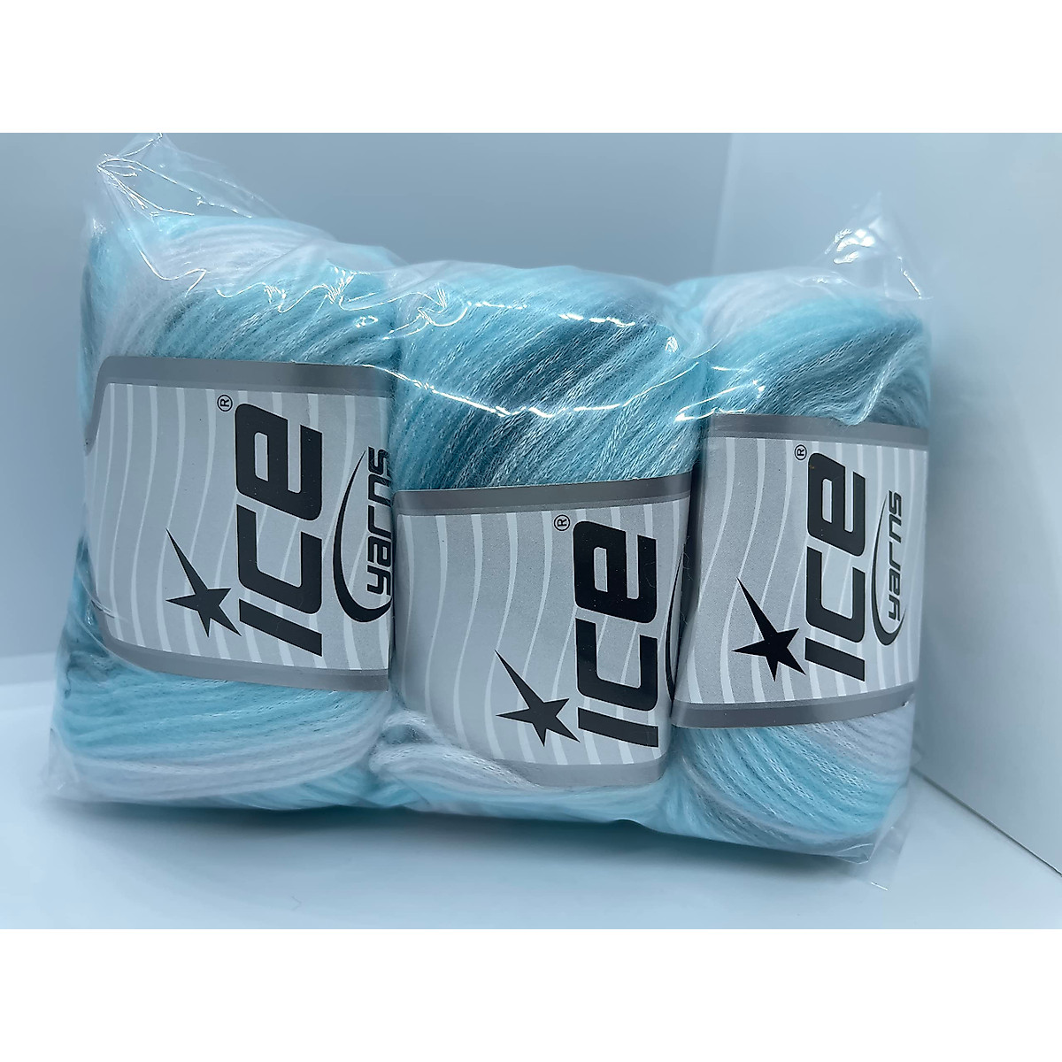 Ice Yarns Picasso 3 Pack - Sea Foam - Pale Aqua, Blues, White Fuzzy with Subtle Sheen Worsted Weight, 3x125 Yards (3x115meters) 3x1.76 Ounces (3x50 Grams)