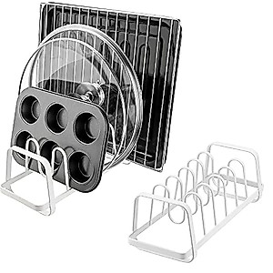 SANNO Pot Pan Lid Holders, Rack Organizer Pot lid Organizer Rack for Cabinet, Bakeware Rack,Kitchen Cookware Pantry Cabinet Storage Rack (pack of 2)