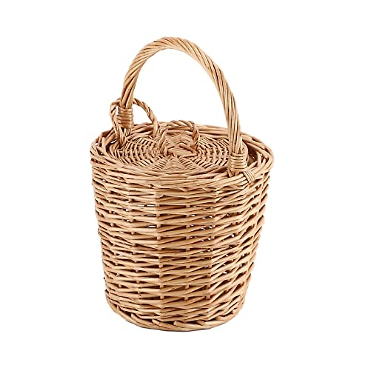 Small Wicker Basket, Round Storage Bin with Handle and Lid for Cell Phones Toys Sundries