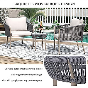 KELRIA Woven Rope Conversation Set, Rattan Couch Sofa Including 2 Single Chairs and Coffee Table, Suitable for Indoor, Outdoor, Balcony, Courtyard, Poolside, Lawn, Backyard, Gray, Gary