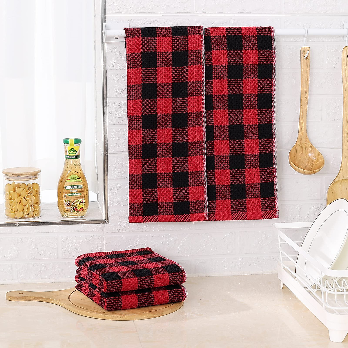 homing Kitchen Towels & Dish Cloths Set, 10 Pack, Super Soft, Absorbent, Quick Dry, 13" x 28" & 12" x 12", Red Black
