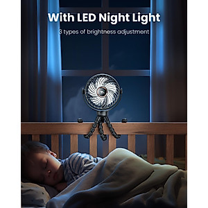 SHEWIND Stroller Fan, LED Light Portable Fan, 3600mAh Battery Operated Small Clip on Fan, 4 Speed Rechargeable Mini Personal Fan Cooling Travel Fan For Car Seat Crib Treadmill (Black)