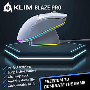 KLIM Blaze Pro Rechargeable Wireless Gaming Mouse with Charging Dock RGB - New Version - High-Precision Sensor and Long-Lasting Battery - Up to 6000 DPI - Great PC Gaming Mouse Wireless - White