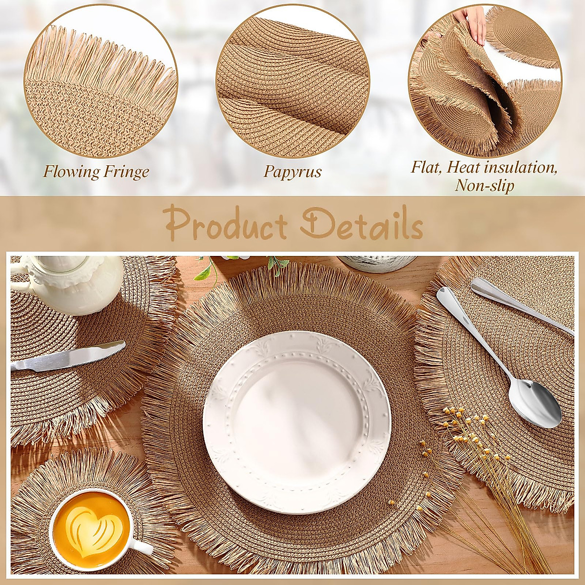 Tioncy 24 Pcs (12 Sets) Round Boho Woven Paper Placemats and Braided Coasters 12 Pcs 15 Inch Heat Resistant Table Mats 12 Pcs 7 Inch Non Slip Drink Coaster for Wedding Kitchen Dining Party Banquet