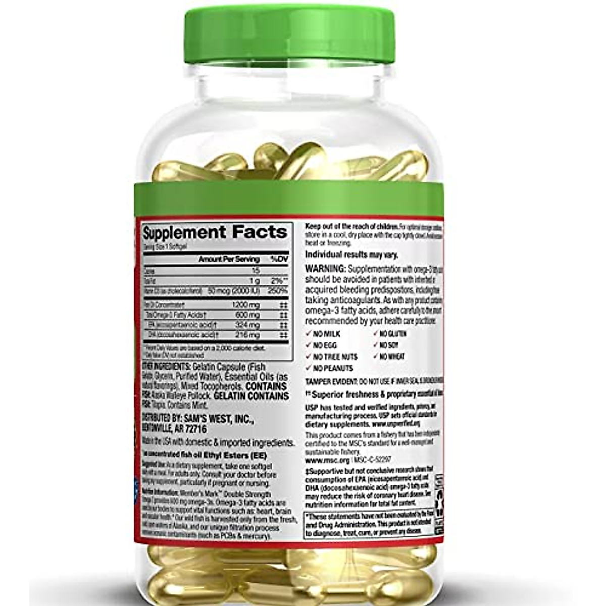 Member's Mark Enteric Double Strength Fish Oil 1200mg Softgels 600mg Omega-3 EPA DHA Plus Vitamin D3 2000 Iu (1 Bottle (200 softgels))