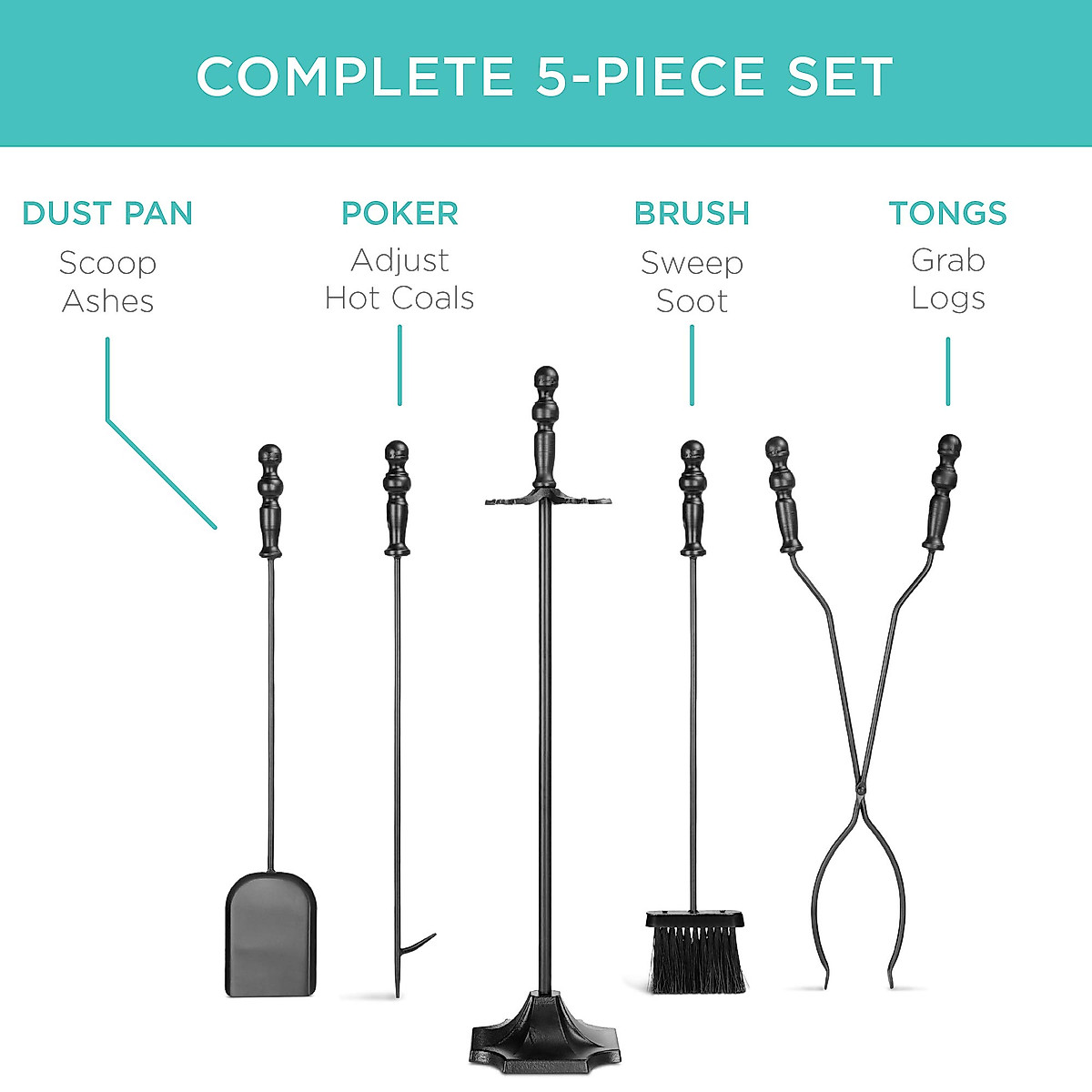 Best Choice Products Fireplace Tool Set 5pc Indoor Wrought Iron Outdoor Firepit Tool Set w/Poker, Tongs, Broom/Brush, Stand - Copper