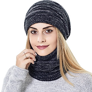 Womens Slouchy Beanie and Scarf Set for Girls Warm Knit Winter Ski Hat with Fleece Lined (BLACK)