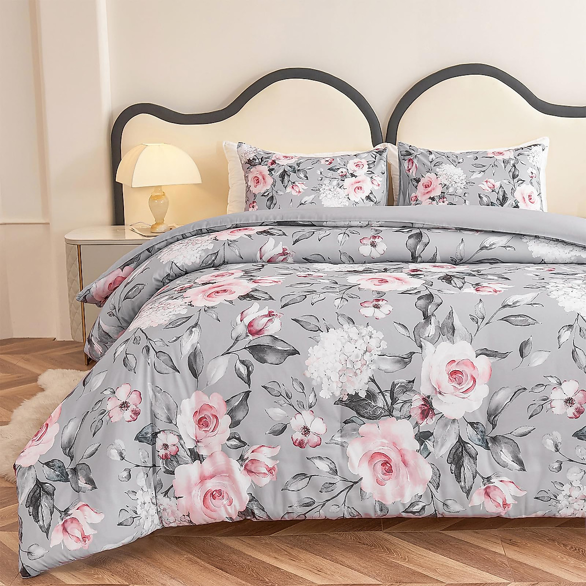 Koniroom 3 Pieces Pink and Grey Comforter Set Queen Size, Floral Bedding Sets with Pink Flowers and Leaves Pattern for Women Teen Girls, Reversible All Season Comforter with 2 Pillow Shams