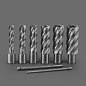 Annular Cutters Set 6pcs JESTUOUS 3/4 Inch Weldon Shank 2 Cutting Depth 7/16 to 1-1/16 Cutting Diameter HSS Slugger Bits for Magnetic Drill Press with 2 Pilot Pins