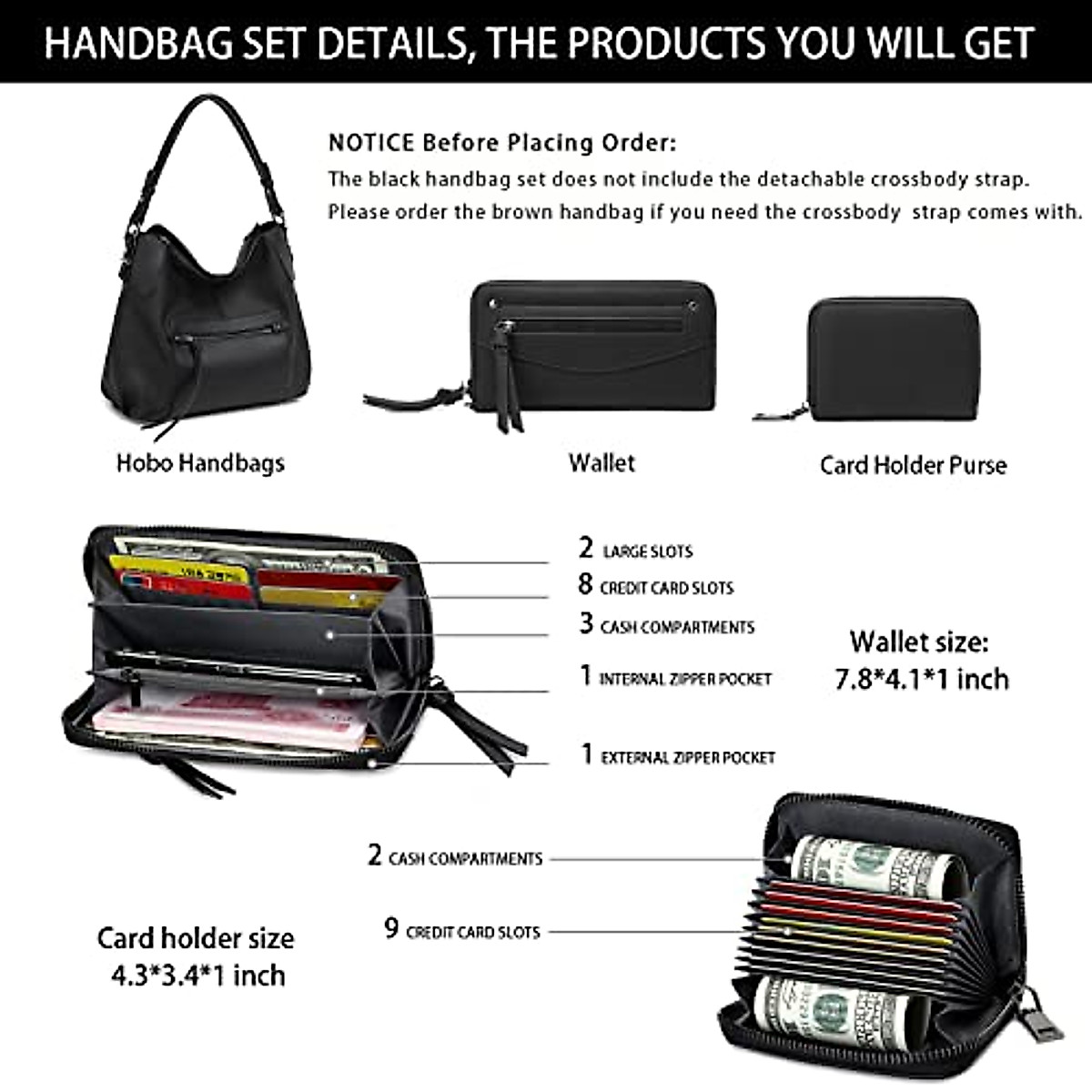 Hobo Handbags for Women Tote Bag Boho Ladies Shoulder Purses Designer Black 3PCS (Crossbody Strap Not Included)