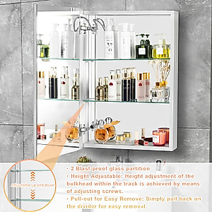 SIMEFUL Bathroom Medicine Cabinet with LED Mirror, 20"×28" Wall Mounted Mirror Cabinet with Adjustable Shelf, Anti-Fog, Memory Function, IP44 Waterproof, Dimmable 3 Colors