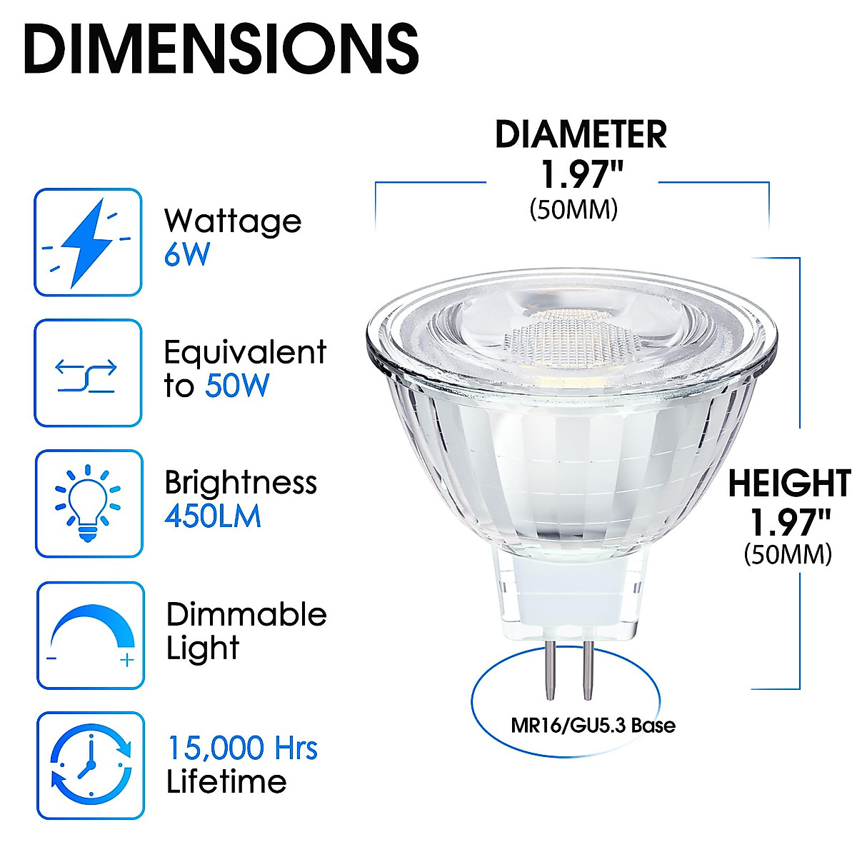 Energetic Dimmable MR16 6W 12V LED Light Bulb, 50W Halogen Equivalent, CRI 90+, GU5.3 Bi-Pin Base, 40 Degree Beam Angle, 3000K Warm White, for Landscape, Recessed, Track Lighting, UL Listed, 12Pack