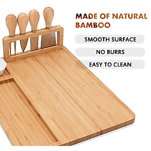 Aoibox Bamboo Cheese Board Set 14.17"*11"*0.8", Charcuterie Platter and Serving Meat Board Including 4 Stainless Steel Knife, Cheese Tray, Yankee Swap Gifts