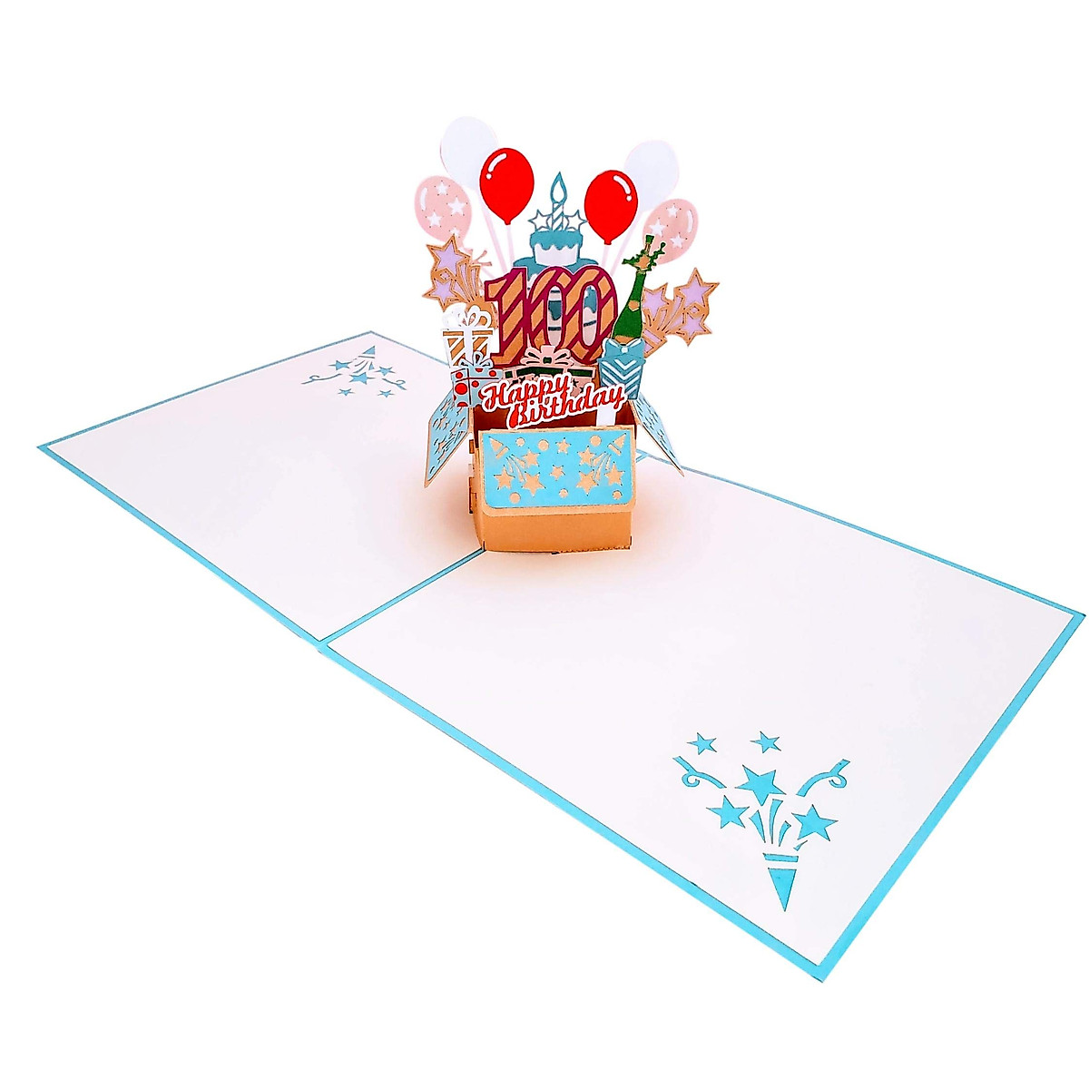 iGifts And Cards Happy 100th Blue Birthday Party Box 3D Pop Up Greeting Card – Someone Turning 100, Hundred, Awesome, Balloons, Unique, Celebration, Feliz Cumpleaños, Fun, Mom, Dad