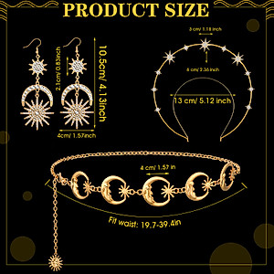 Cunno 3 Pieces Crown Earrings for Women Belt Chain Set Stars Crown Drop Earrings Moon Star Body Chain Belt (Elegant)