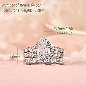 Wuziwen 4 Carats Wedding Engagement Ring Set for Women 925 Sterling Silver Cubic Zirconia Size 8