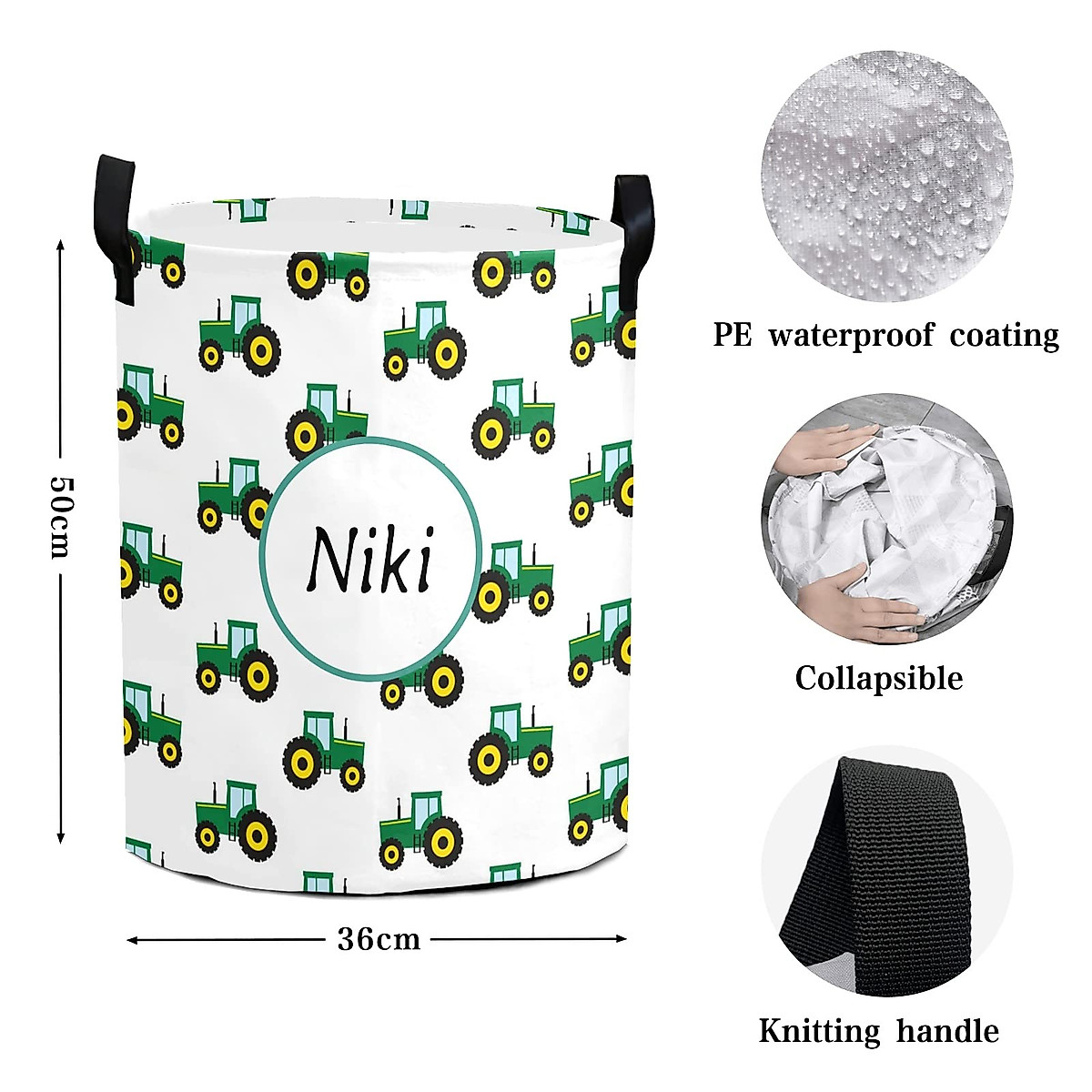Farm Tractor Round Storage Basket Personalized Name Laundry Basket Waterproof Nursery Hamper with Handle for Living Room Bedroom and Clothes