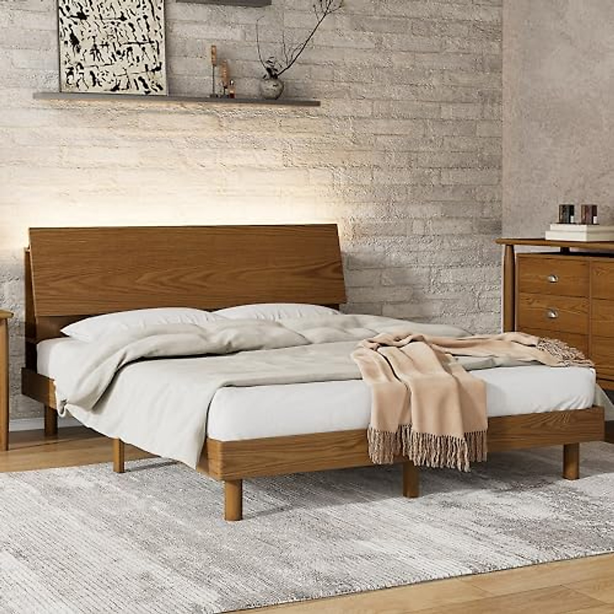 Livavege Queen Bed Frame with LED Lights Headboard, Mid Century Wood Platform Bed w/Storage Shelf and Charging Station, Wooden Slats Support, Queen Size Bedframe No Box Spring Needed, Easy Assembly