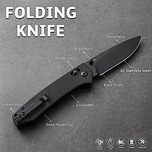 EMHTiii D2 Steel Folding Pocket Knife with Reversible Clip: 3.14" Black Drop Point Blade, Crossbar Axis Lock, G10 Handle Scales, Small EDC Knives Camping for Man Women