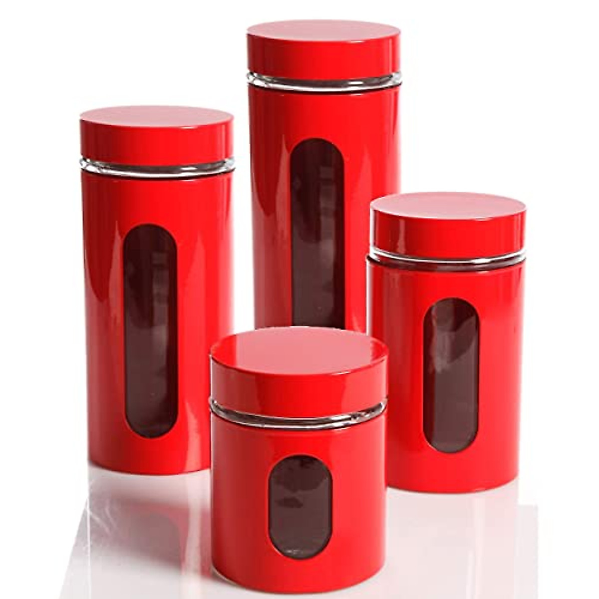 Quality Modern Red Stainless Steel Canister Set for Kitchen Counter with Glass Window & Airtight Lid - Food Storage Containers with Lids Airtight - Pantry Storage and Organization Set