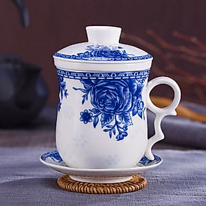 Ameolela Porcelain Tea Cup with Infuser Lid and Saucer Sets - Chinese Jingdezhen Ceramics Coffee Mug Teacup Loose Leaf Tea Brewing System for Home Office