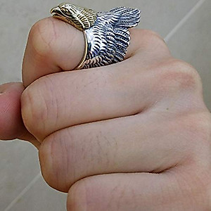 Two Tone Flying Eagle Ring with Golden Head Vintage 925 Sterling Silver Hawk Ring for Men Women Open Adjustable