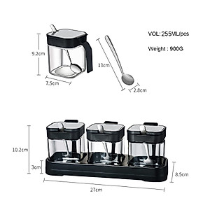 W WBLD Glass Condiment Jar Spice Container with Lids and Spoons, Square Clear Seasoning Sugar Containers Set with Base, Sugar Pepper Salt Spices Bowl for Kitchen Countertop,3pcs