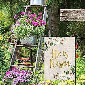 Easter Cross Garden Flag He is Risen Religious Yard Outdoor Decor 12.5 x 18 Inch Double Sided Burlap Spring Flowers Holiday Decorations
