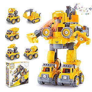 Powerextra STEM Toys for 5 6 7 8 9 Years Old Boys, Take Apart Robot Toys Trucks Set with [Robot Sounds & Flashing Lights]- 5 in 1 Construction Toys for Kids at Age 8-12