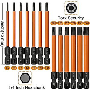 Torx Bit Set, Tonsiki 13PCS Security Torx Bit Set, Tamper Resistant Star Bits Set S2 Steel, 1/4'' Hex Shank Screwdriver Bit with Magnetic, 3'' Long, T5-T40