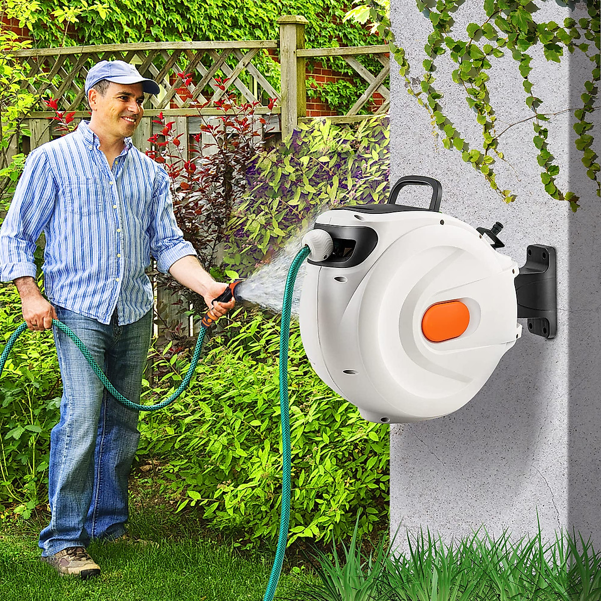 VANEPIC Retractable Garden Hose Reel 65 FT x 1/2 Inch Any Length Lock Hose Reel, Automatic Slow Rewind System, Wall Mounted and 180 Deg Swivel Bracket for Garden Watering and Car Washing