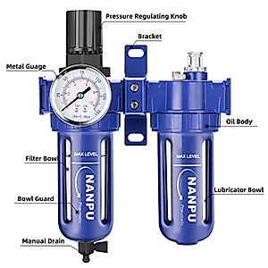 NANPU 3/8" NPT Compressed Air Filter Regulator Lubricator (FRL), Zinc Alloy, 5 Micron Brass Element, 0-150 psi Gauge, Quick Release Bowl, Manual Drain, Metal Bracket