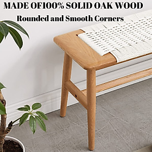 Grewood Wood Dining Bench,100% Natural Solid Oak with Rattan Design, Rounded Edge, Bench for Entryway Hall, Dining Room,Bedroom, Living Room (Off-White, 31.49 inch)