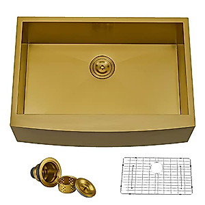 HOTIS Gold Farmhouse Sink, 30 Inch Gold Kitchen Sink, Flat Apron-Front Undermount Drop In Farm Sink, Stainless Steel Single Bowl Handmade Farmhouse Kitchen Sink, Workstation Sink With Accessories