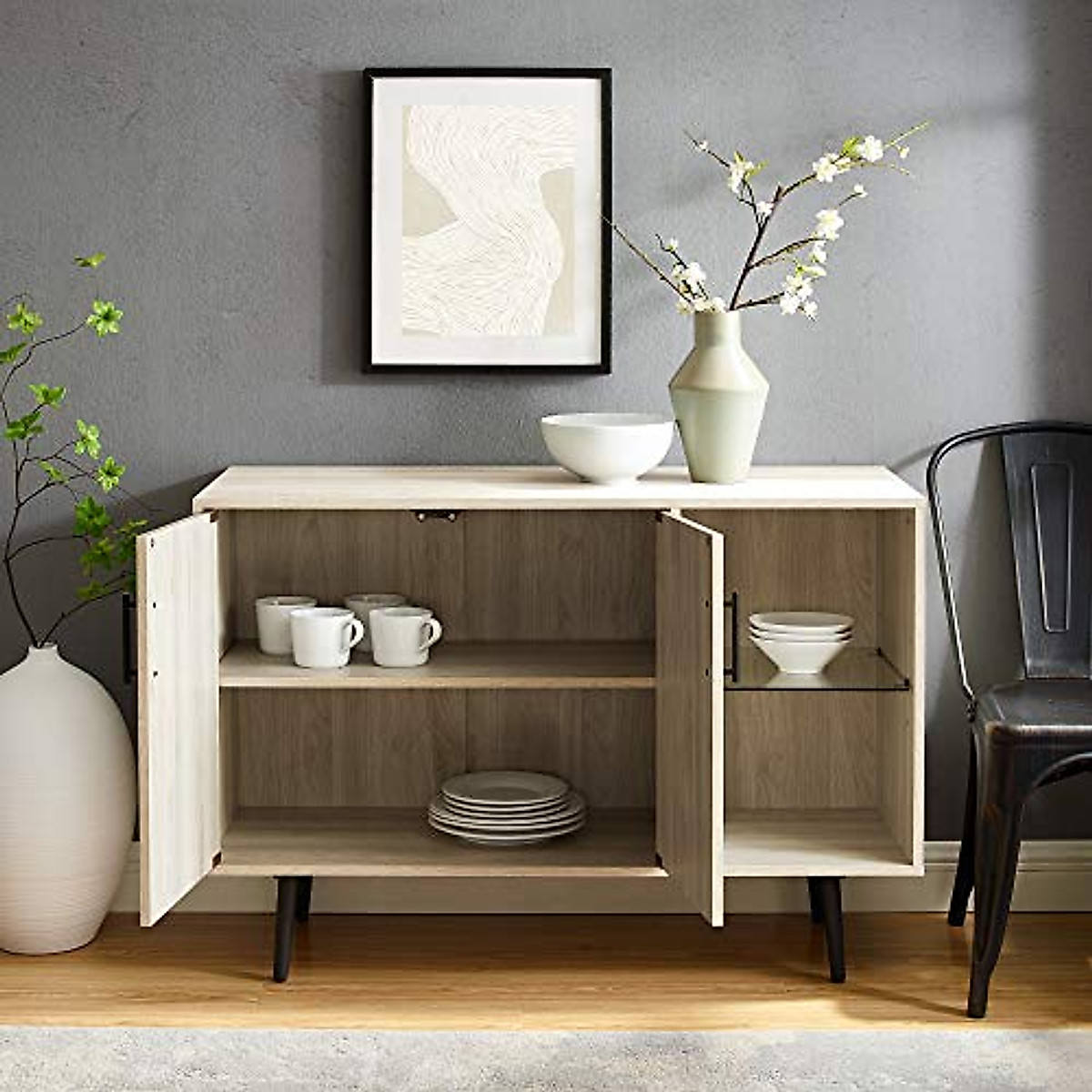 Walker Edison Theo Mid Century Modern 2 Door Asymmetrical Glass Shelf Buffet, 44 Inch, Birch