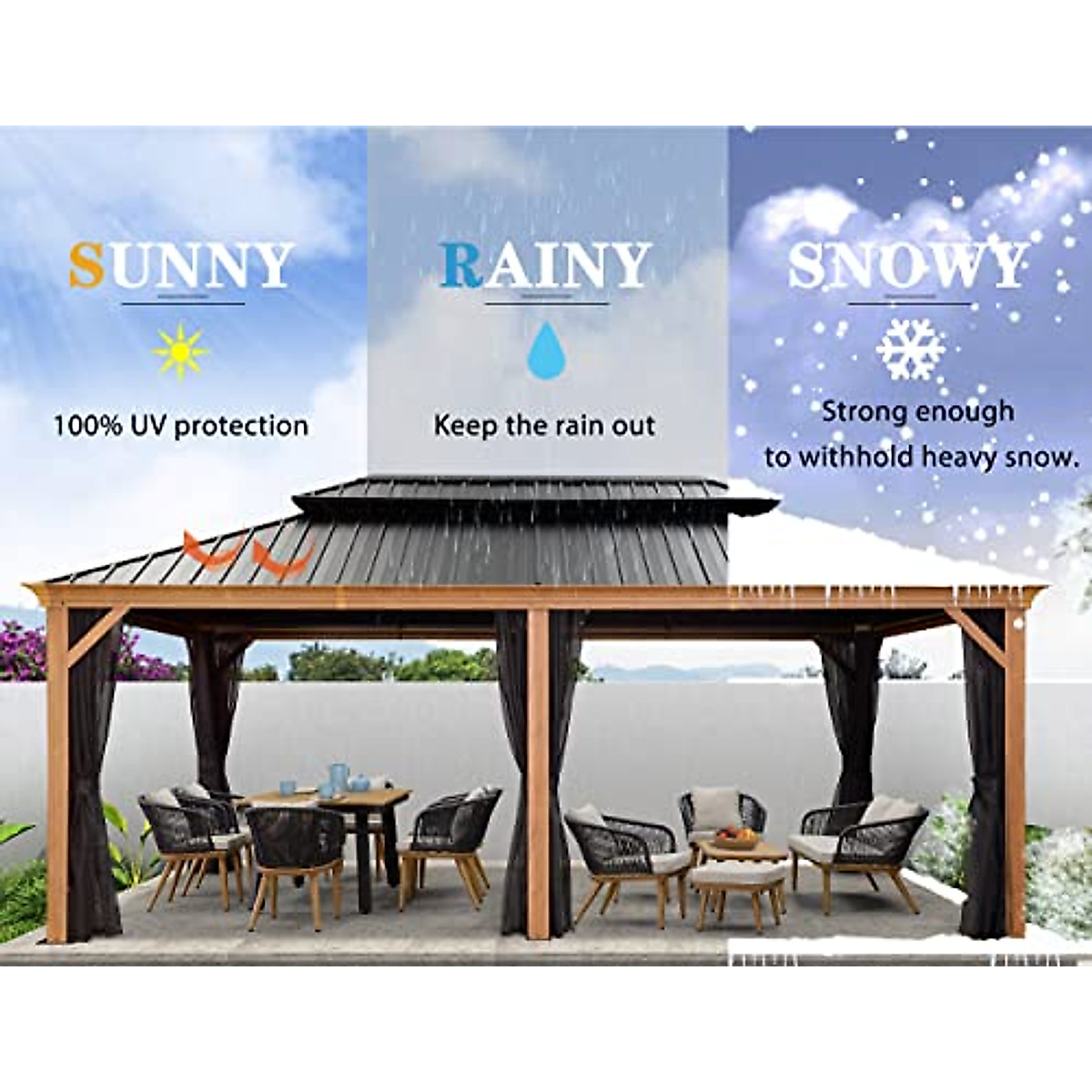 PURPLE LEAF 12' X 20' Outdoor Hardtop Gazebo for Patio Galvanized Steel Double Roof Permanent Canopy Teak Finish Coated Aluminum Frame Pavilion Gazebo with Netting