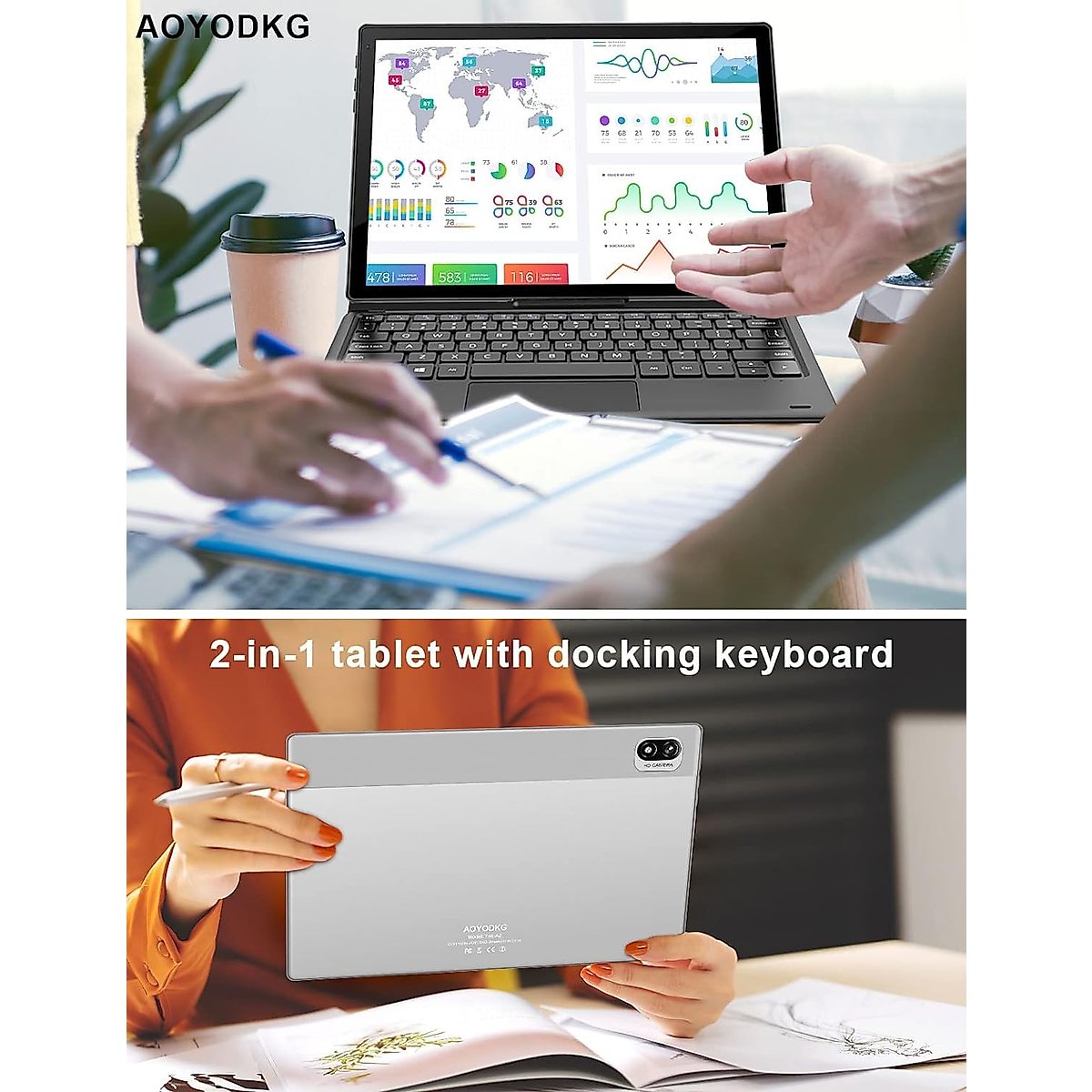 AOYODKG Tablet with Keyboard, 2 in 1 Tablet 10 Inch 10GB RAM + 64GB ROM with 5G WiFi, Android Tablet HD IPS, Octa-Core 2.0Ghz, 5MP + 8MP Camera, Bluetooth, 6000mAh, GPS, 1TB Expand - Silver