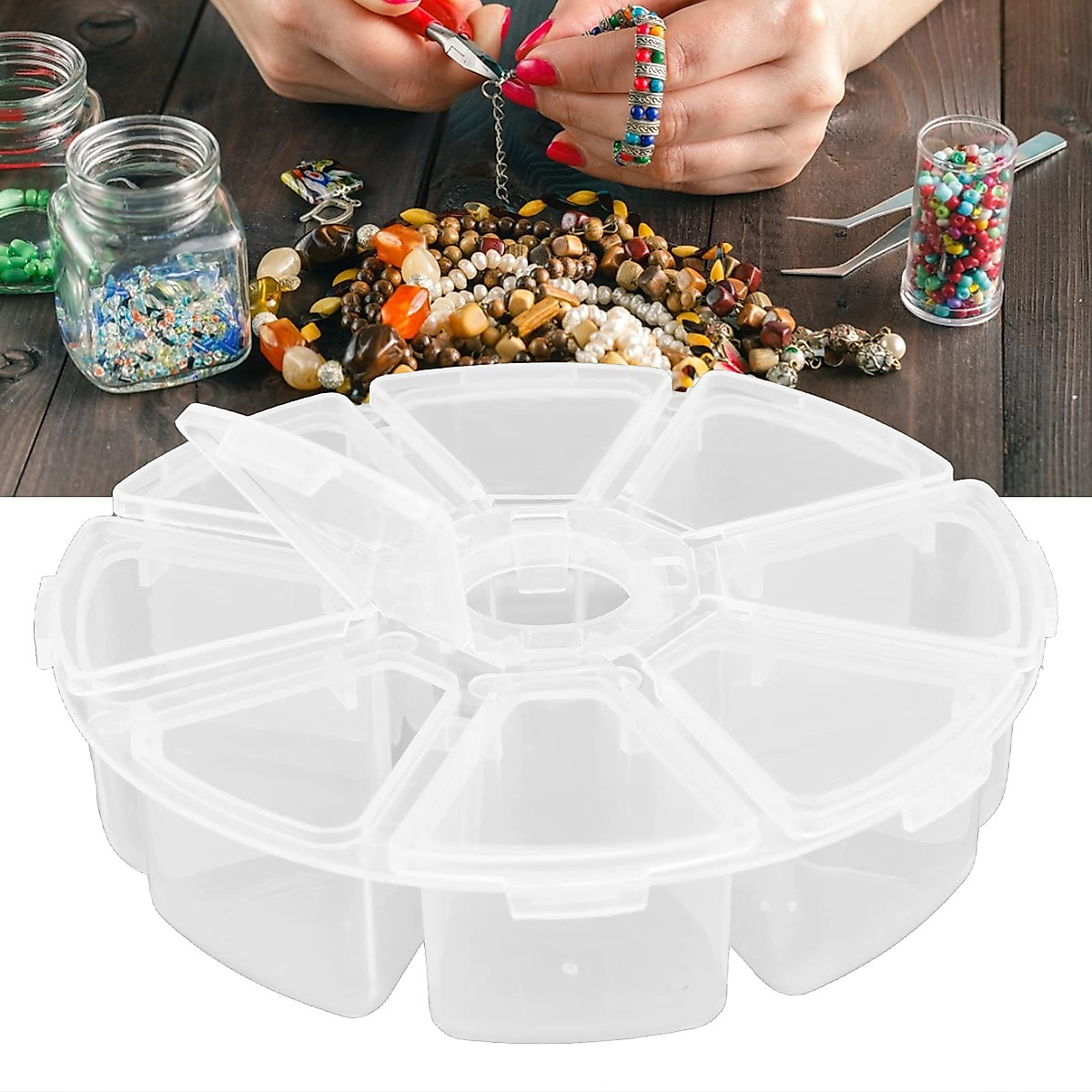 Agatige 8 Grids Storage Jewelry Box, Plastic Material Round Storage Containers Craft Storage for Hand‑Made Loose Beads