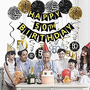 Famoby Black & Gold Glittery Happy 50th Birthday Banner,Poms,Sparkling 50 Hanging Swirls Kit for 50th Birthday Party 50th Anniversary Decorations Supplies