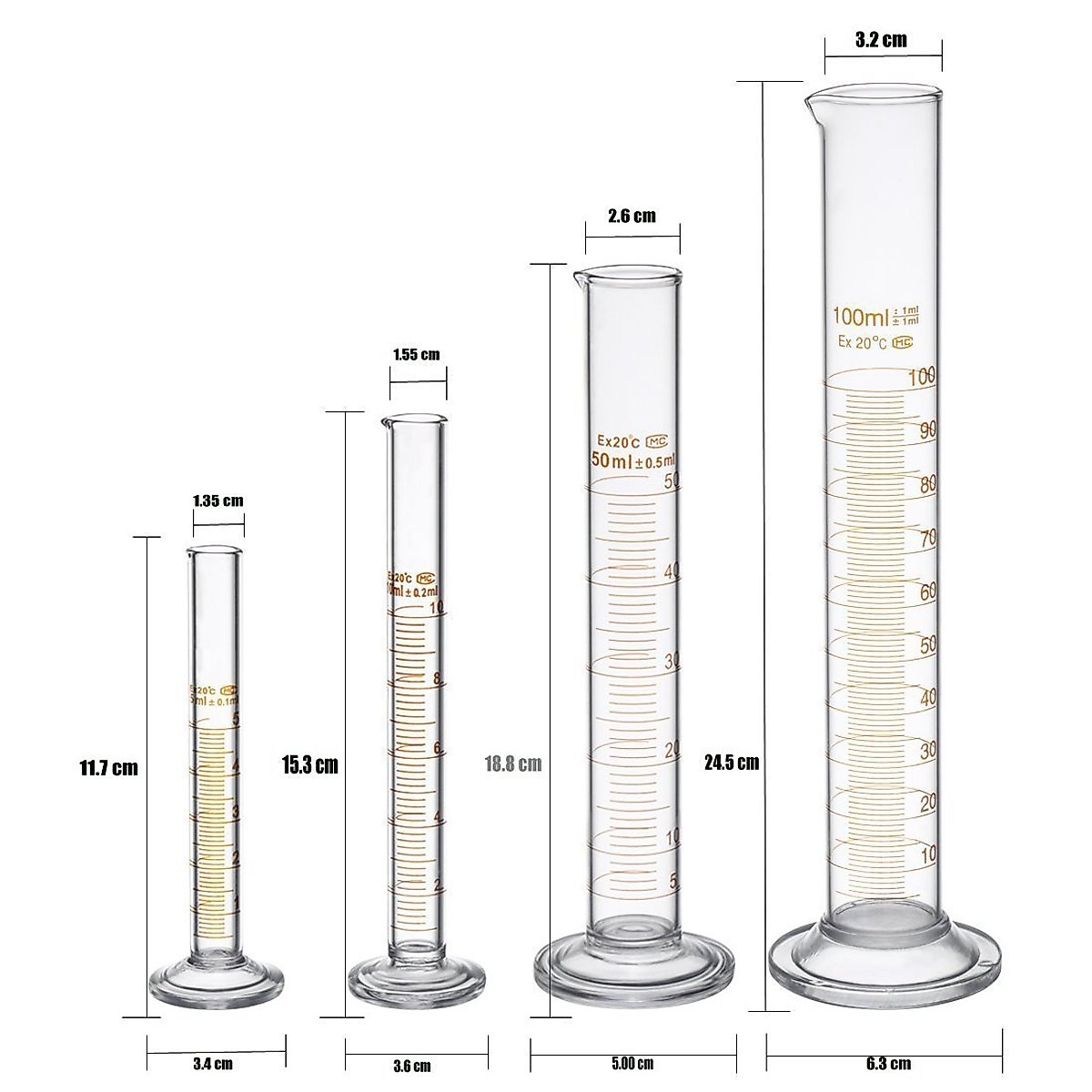 Glass Measuring Low Form Beaker Set 50ml 100ml 250ml and Thick Glass Graduated Measuring Cylinder Set 5ml 10ml 50ml 100ml
