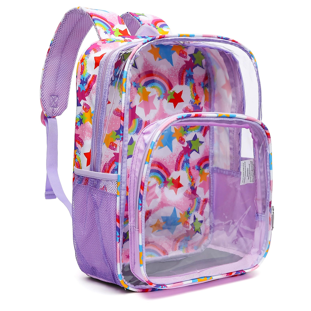BLUEFAIRY Clear Backpack Heavy Duty PVC Transparent Backpack Clear Bag forSchool Concert Work Travel Sport Event Festival Games Venues for Adults Women Men Girls Boys with Mesh Pocket - Rainbow Star