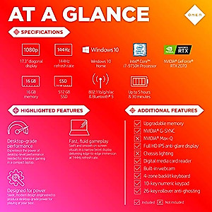 OMEN by HP 2019 17-Inch Gaming Laptop, Intel i7-9750H, NVIDIA GeForce RTX 2070 (8 GB), 16 GB RAM, 512 GB Solid-State Drive, VR Ready, Windows 10 Home (17-cb0080nr, Shadow Black)