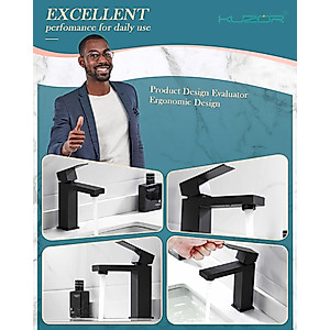 KUZOR Bathroom Faucets Matte Black, Single Hole Bathroom Sink Faucet with Metal Pop Up Drain, 304 Stainless Steel Modern Square One Hole Faucet for Bathroom Sink, Black Matt
