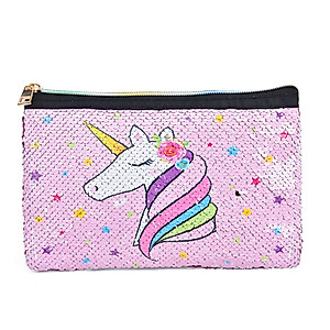 WERNNSAI Makeup Bag - Reversible Sequin Cosmetic Bag Sparkly Pink Zipper Vanity Toiletry Bag Pouch Purse for Girls Women Travel Birthday Christmas Gift