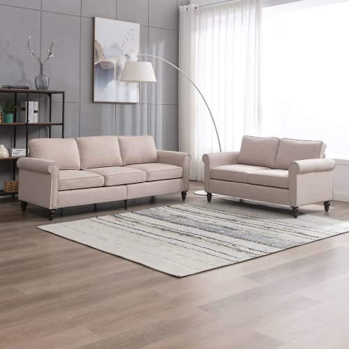 BALUS Soft Couches Set for Living Room, 2 Piece Modular Loveseat Sofa with 5.9" Thicken Cushion, Including Three Seat Sofa, Loveseat for Apartment Furniture Set, Beige