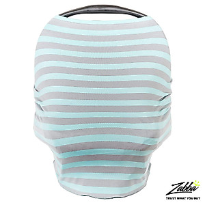 Car Seat Covers for Babies - Stretchy, Lightweight, and Extra Soft Nursing Cover - Multiuse - Covers Carseat, High Chairs, Shopping Carts - Bonus Infant Baby Beanie and Bag (Blue and Grey)