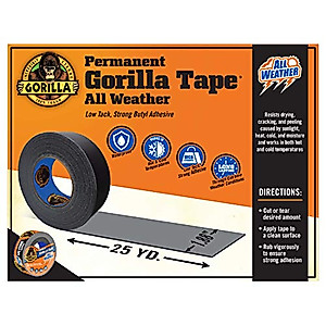Gorilla All Weather Outdoor Waterproof Duct Tape, UV and Temperature Resistant, 1.88" x 25 yd, Black, (Pack of 6)