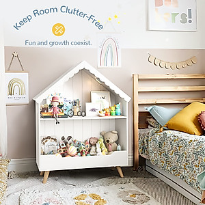 Curipeer Kids Dollhouse Bookshelf, Wooden Bookcase Storage with Motion-Activated Light, 2-Tier Open Display Organizer for Toys and Books, Baby Bookshelf for Birthday, Christmas, White