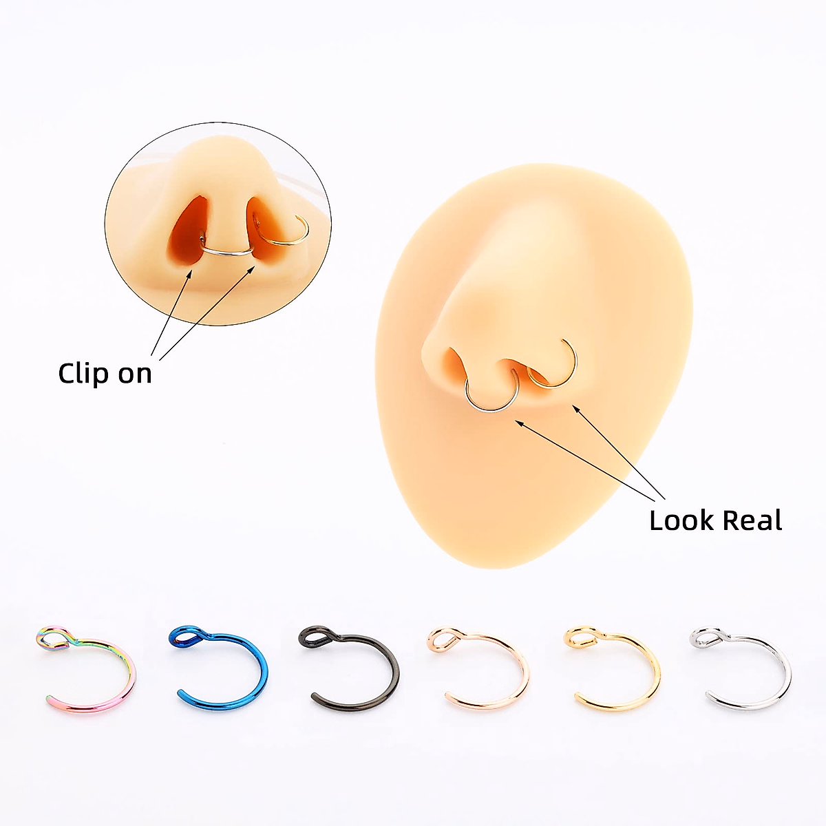 Fake Nose Ring Hoop Clip On, Non Piercing Lip Rings 20G 8mm,Gold Black Rose Gold, Stainless Steel No Pierced for Women Men